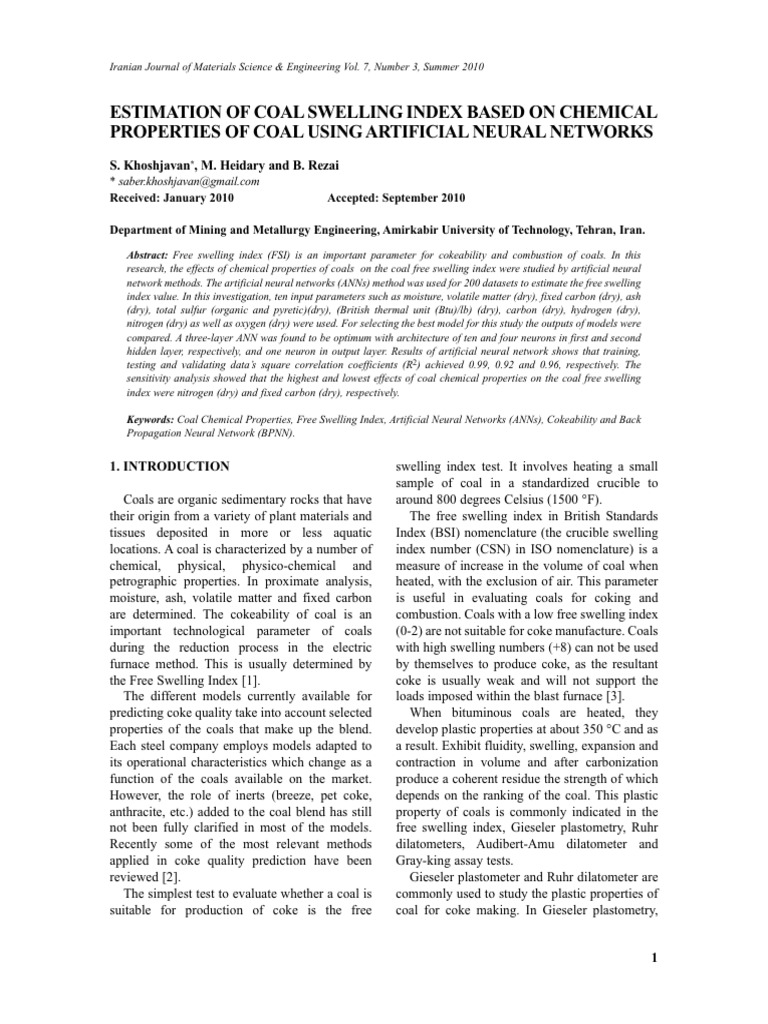 Estimation of Coal Swelling Index Based On Chemical Properties of Coal Using ANN | PDF | Applied ...