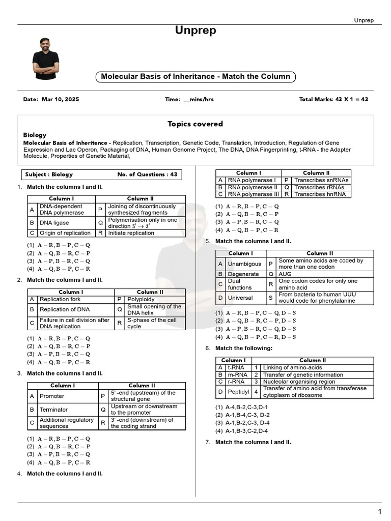 Molecular Basis of Inheritance - Match The Column QP | PDF | Rna | Gene