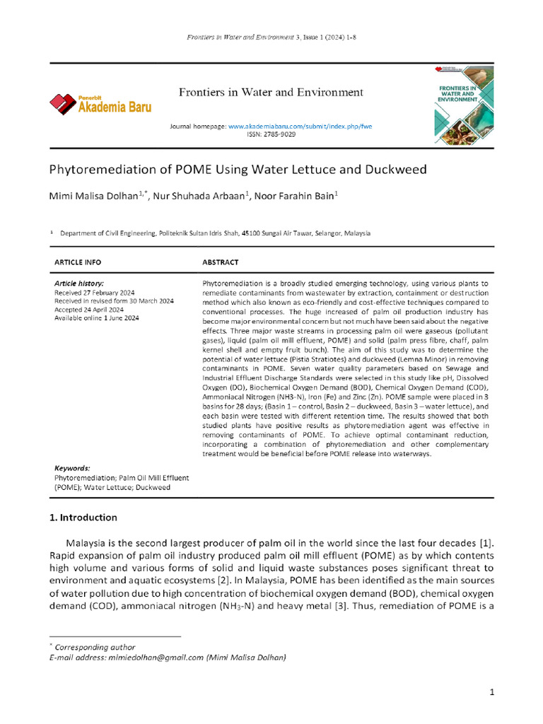 Journal Frontiers in Water and Environment - Phytoremediation of POME ...