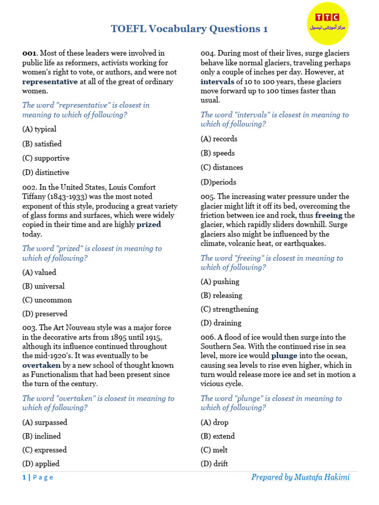 TOEFL Vocabulary Practice Questions | PDF | Plate Tectonics | Earth