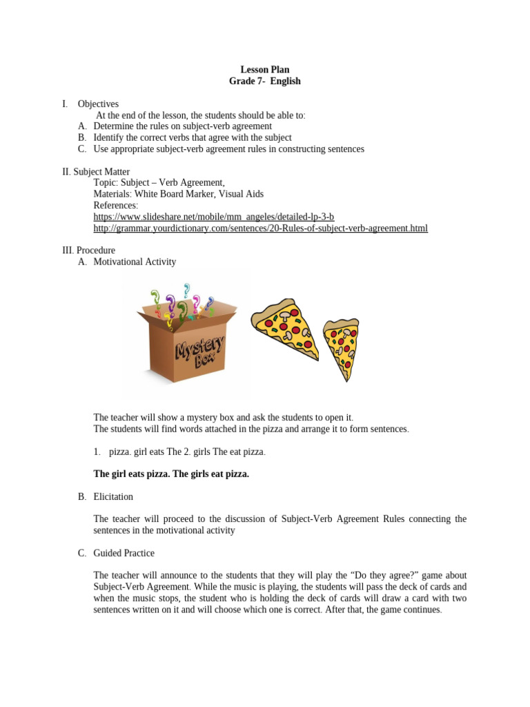 Grade 7 Subject-Verb Agreement Lesson | PDF | Subject (Grammar) | Verb