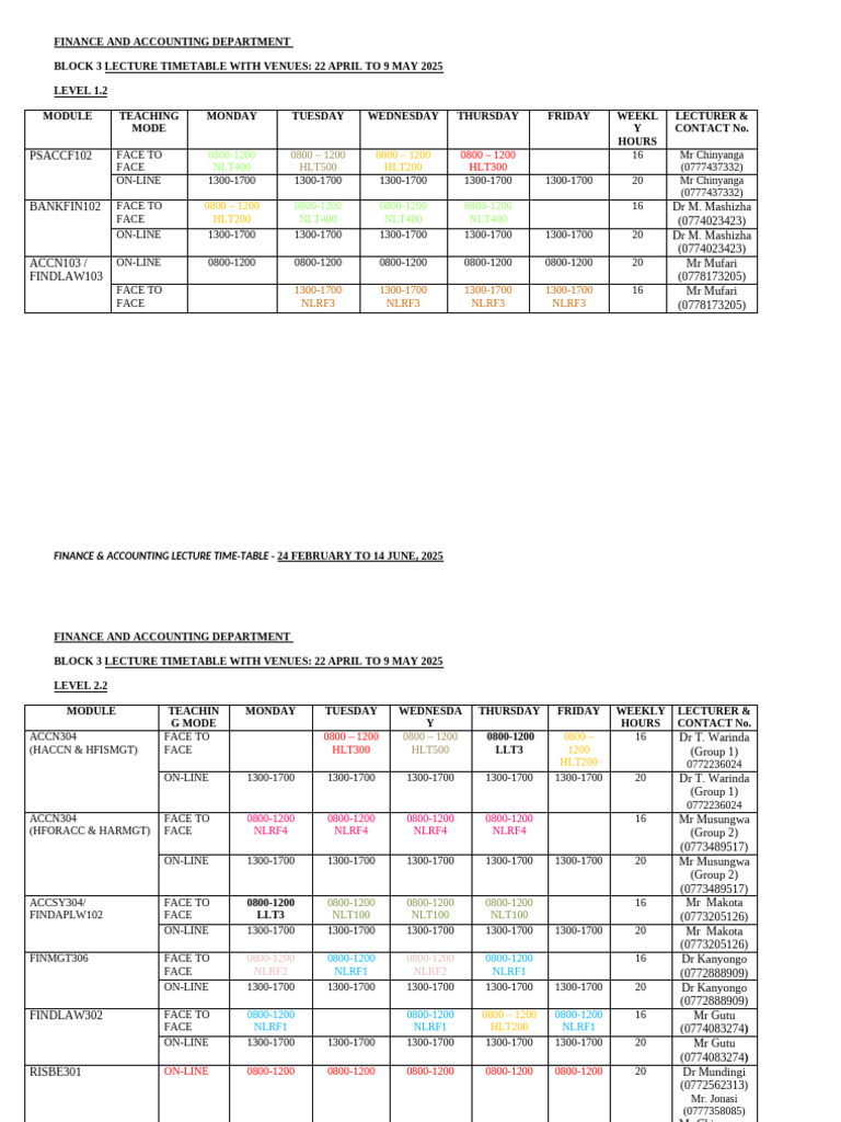 Lecture Timetables - Block 3 - 24 Feb to 14 June, 2025 - With Venues | PDF