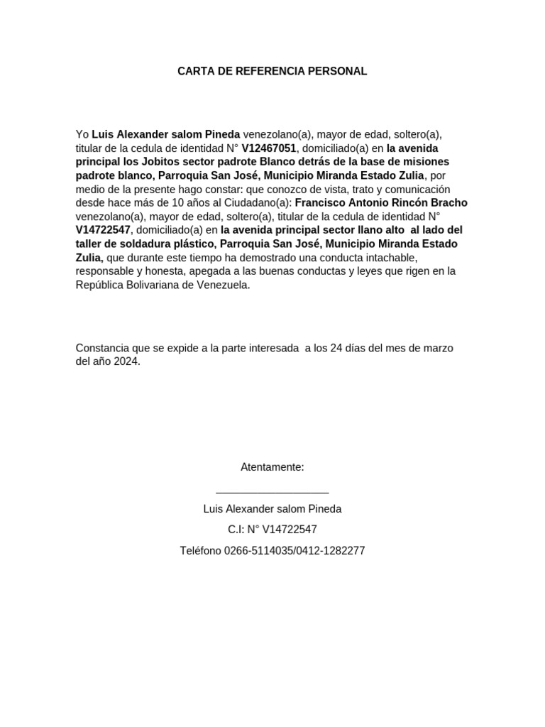CARTA DE REFERENCIA PERSONAL Francisco | PDF