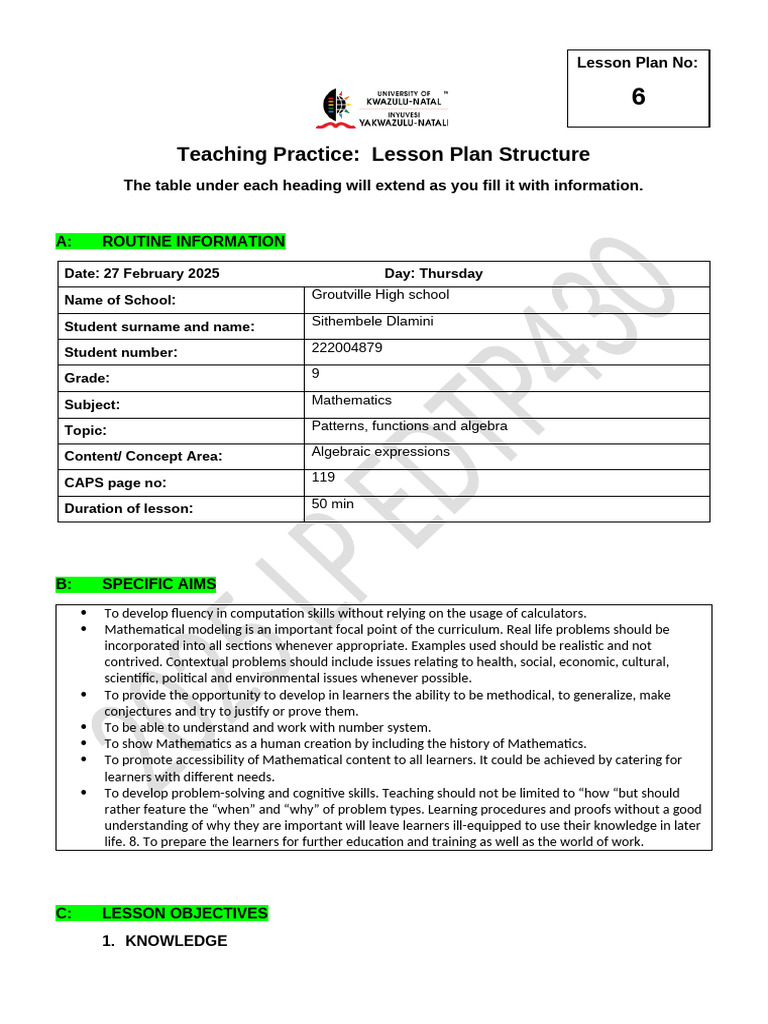 06 LESSON PLAN 4 Grade 9 Maths | PDF | Mathematics | Learning
