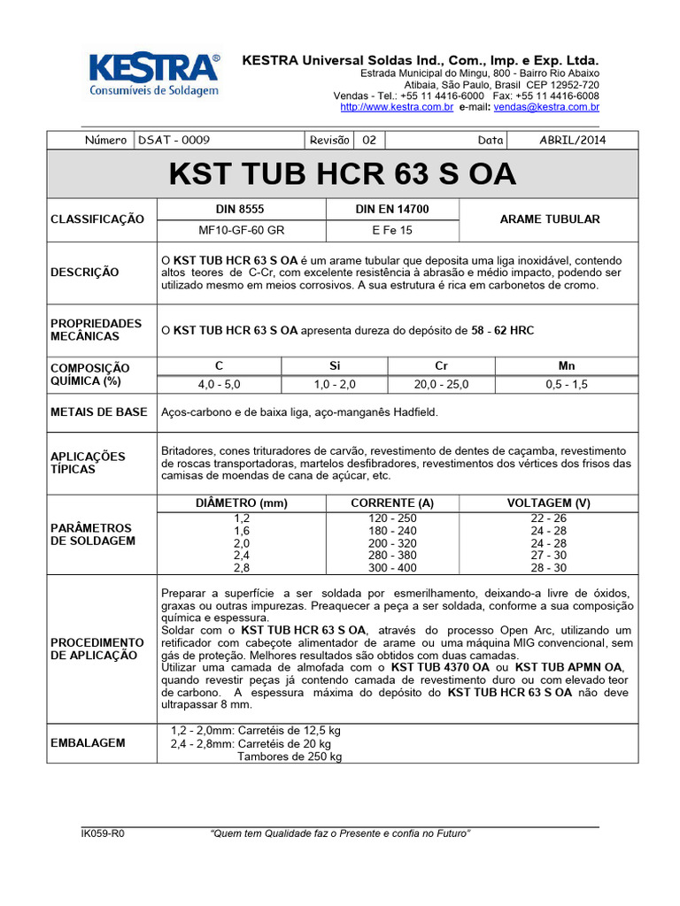 Dureza do Arame Tubular KST TUB HCR 63 S OA | PDF | Ciências Físicas ...