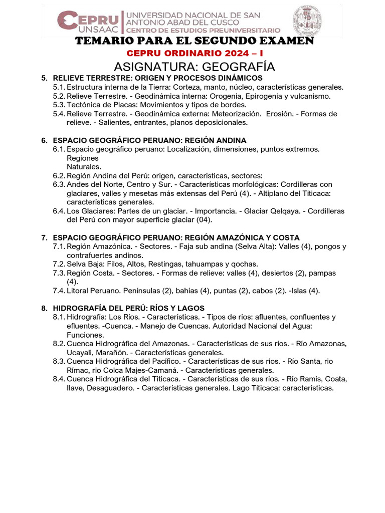 Temario - Geografia - Segundo Examen | PDF