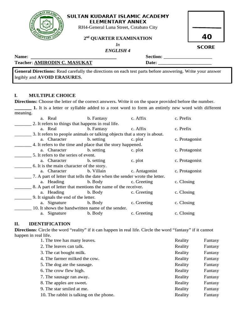 ENGL - 4 - QUARTER EXAM - Quarter 2 | PDF