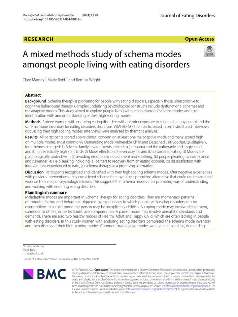 A Mixed Methods Study of Schema Modes Amongst People Living With Eating ...