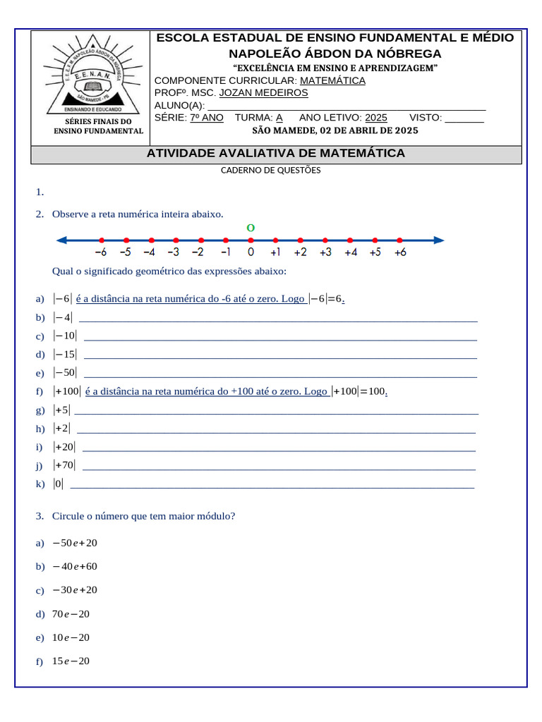 Atividade de Reta Numérica - 7º Ano | PDF | Aritmética | Matemática