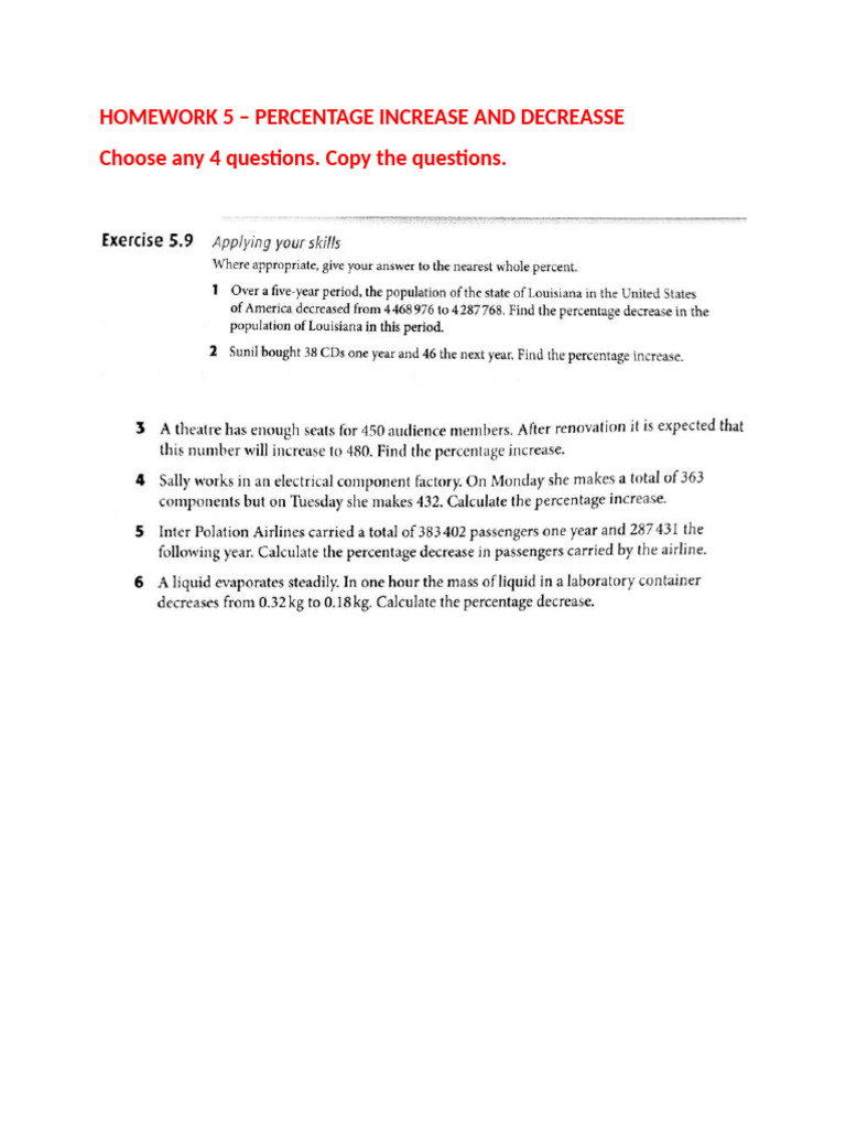 Homework 5 - Percentage Increase and Decrease | PDF