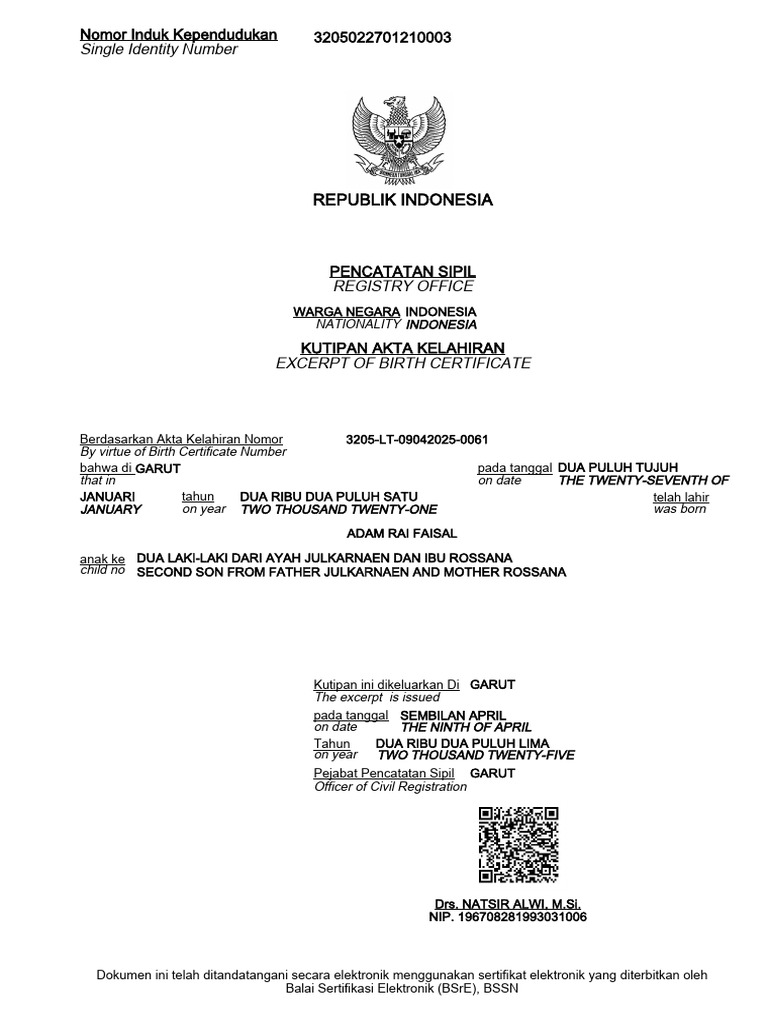 Akte Kelahiran - ADAM RAI FAISAL | PDF