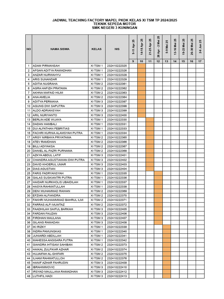 Database Pembelajaran Tefa Xi TSM TP 2024 - 2025 - Jadwal Urut | PDF