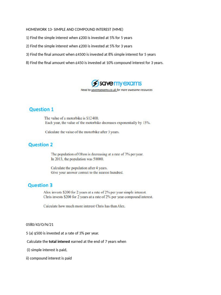 Homework 13 - GC - Simple and Compound Interest | PDF