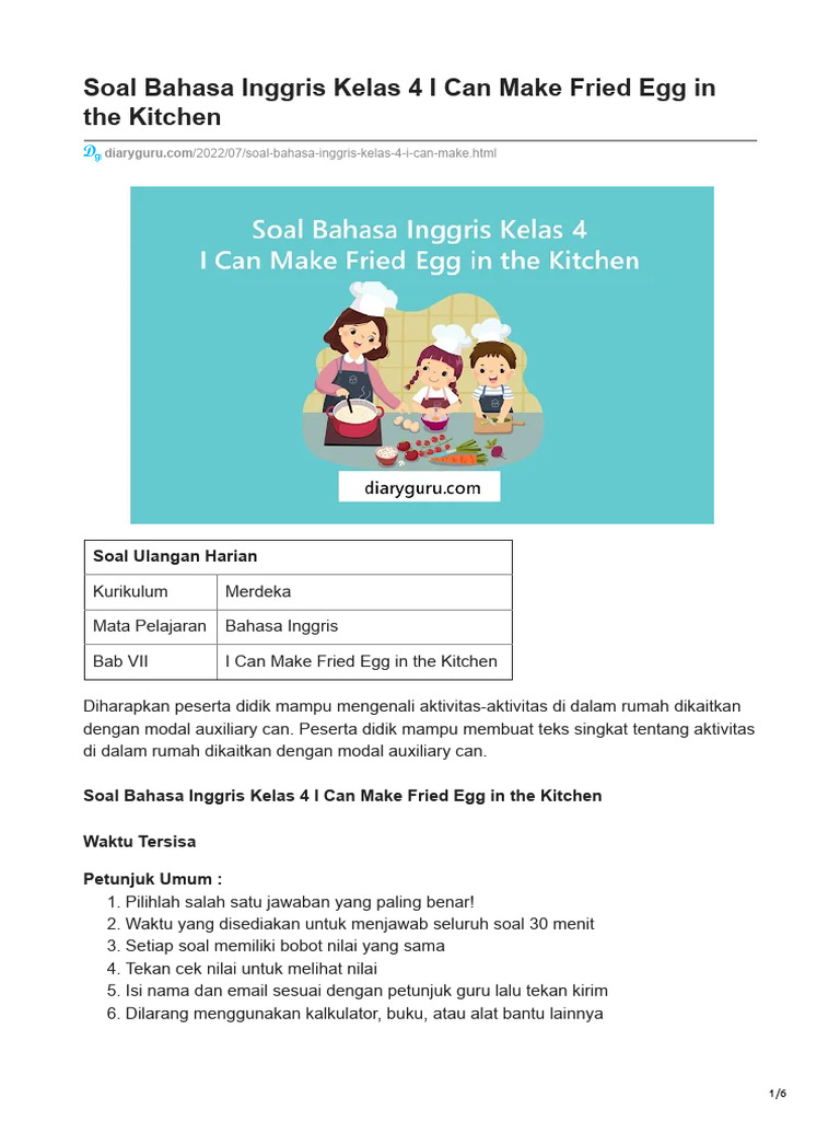 Soal Bahasa Inggris Kelas 4 I Can Make Fried Egg in The Kitchen | PDF