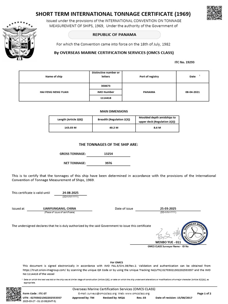Panama Canal Tonnage Certificate | PDF | Tonnage | Cabin (Ship)