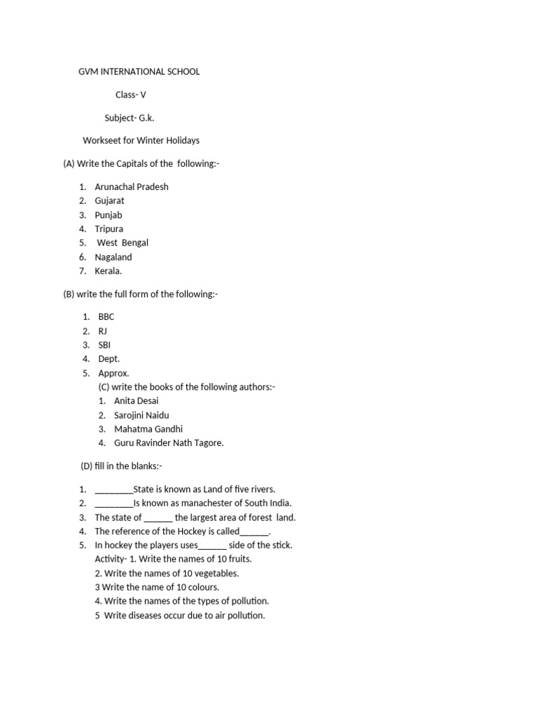 Class-5 G.k.worksheet | PDF