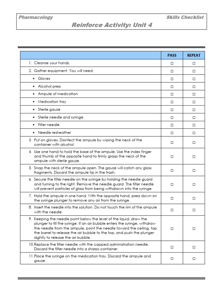Withdrawing Medication From An Ampule Check List | PDF | Syringe