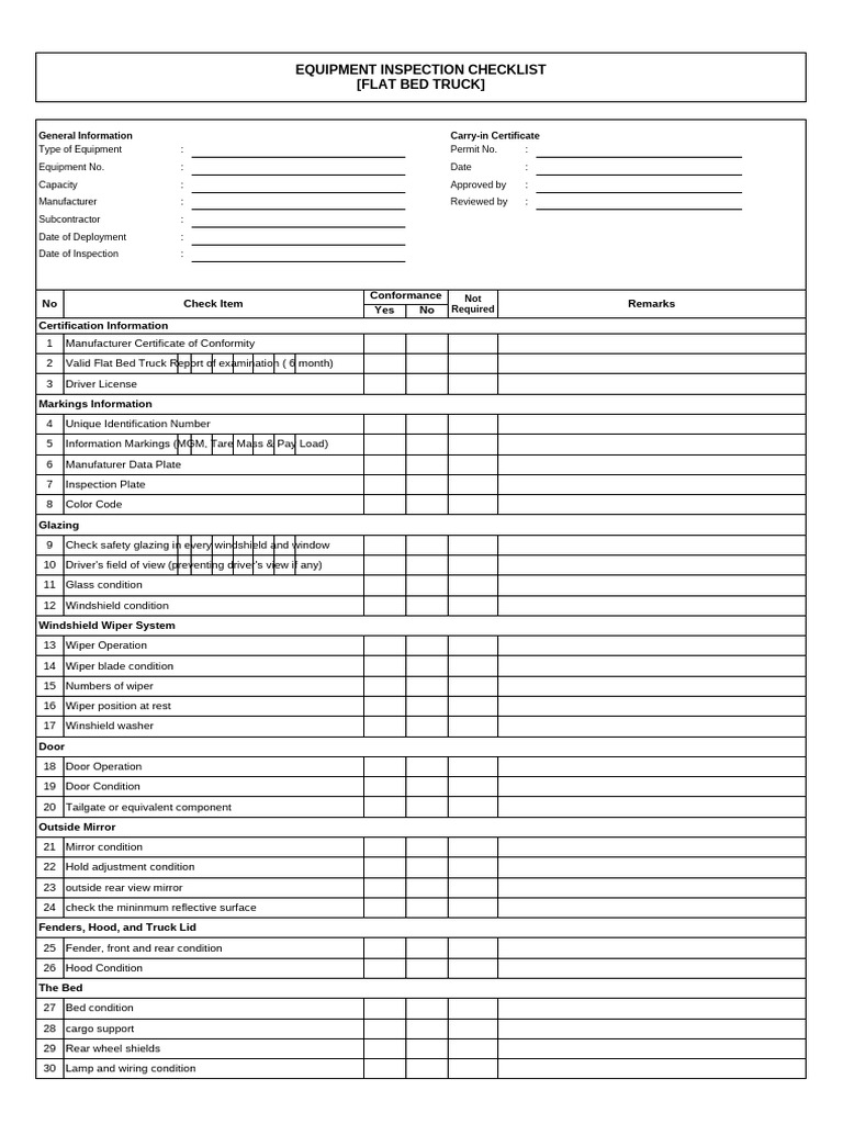 Flat Bed Truck Checklist Form Sample | PDF | Steering | Brake