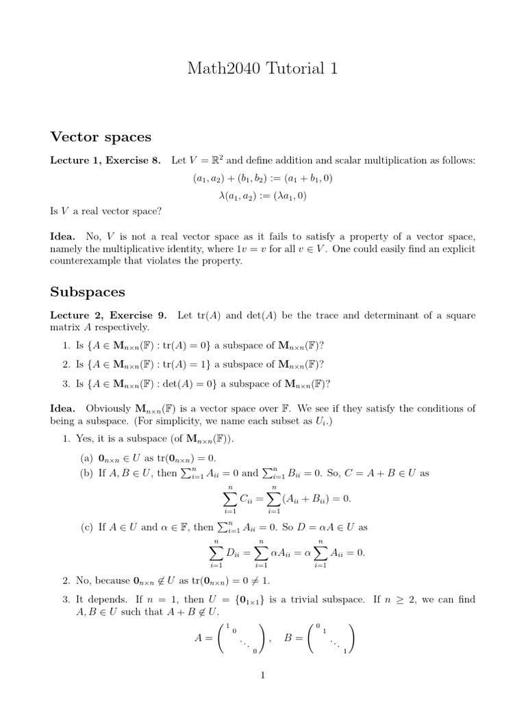 Math 2040 Tutorial 01 | PDF | Linear Subspace | Vector Space