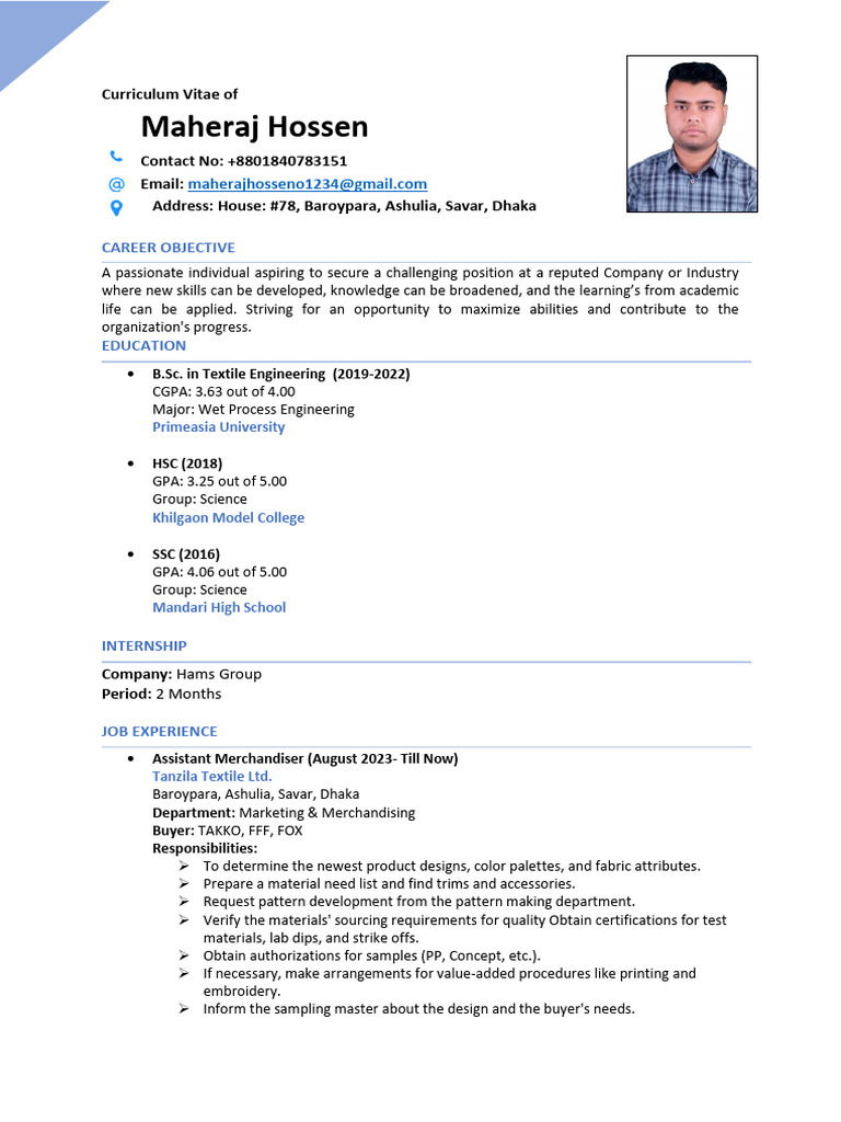Resume of Maheraj Hossen.. | PDF | Textiles