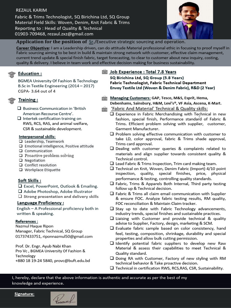 Resume of Rezaul Karim | PDF | Textiles