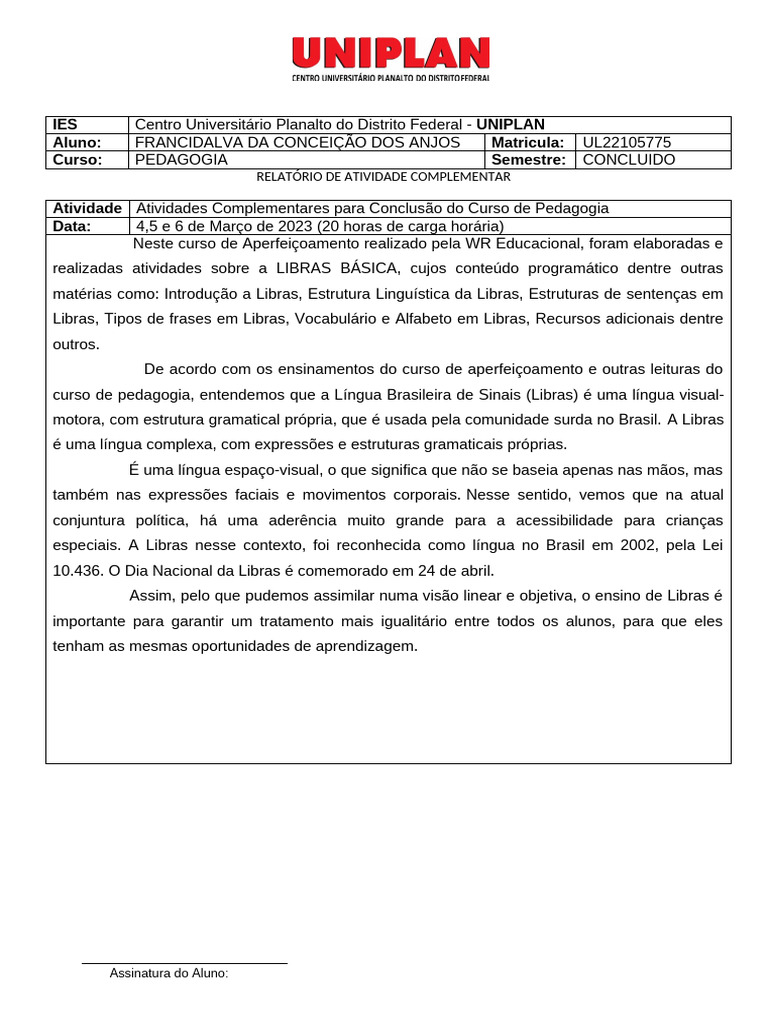 Modelo Relatorio Atividade Complementar - 3 | PDF