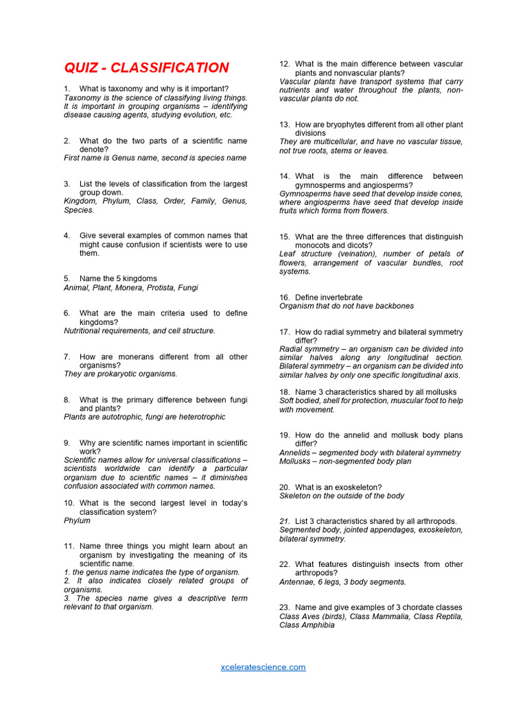 Taxonomy Quiz: Classifying Organisms | PDF | Leaf | Plants