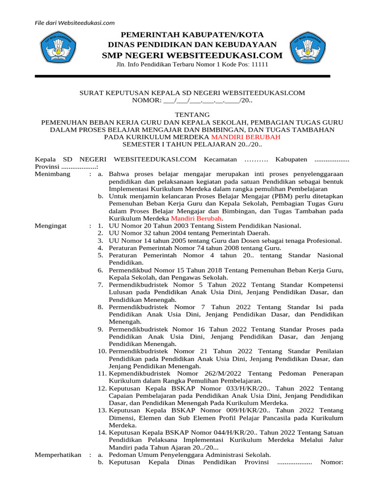 SK PEMBAGIAN TUGAS GURU - Contoh - 1 | PDF