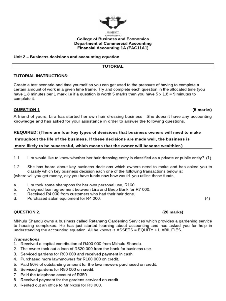 Unit 2 - Accounting Equation - Tutorial Questions | PDF | Equity ...
