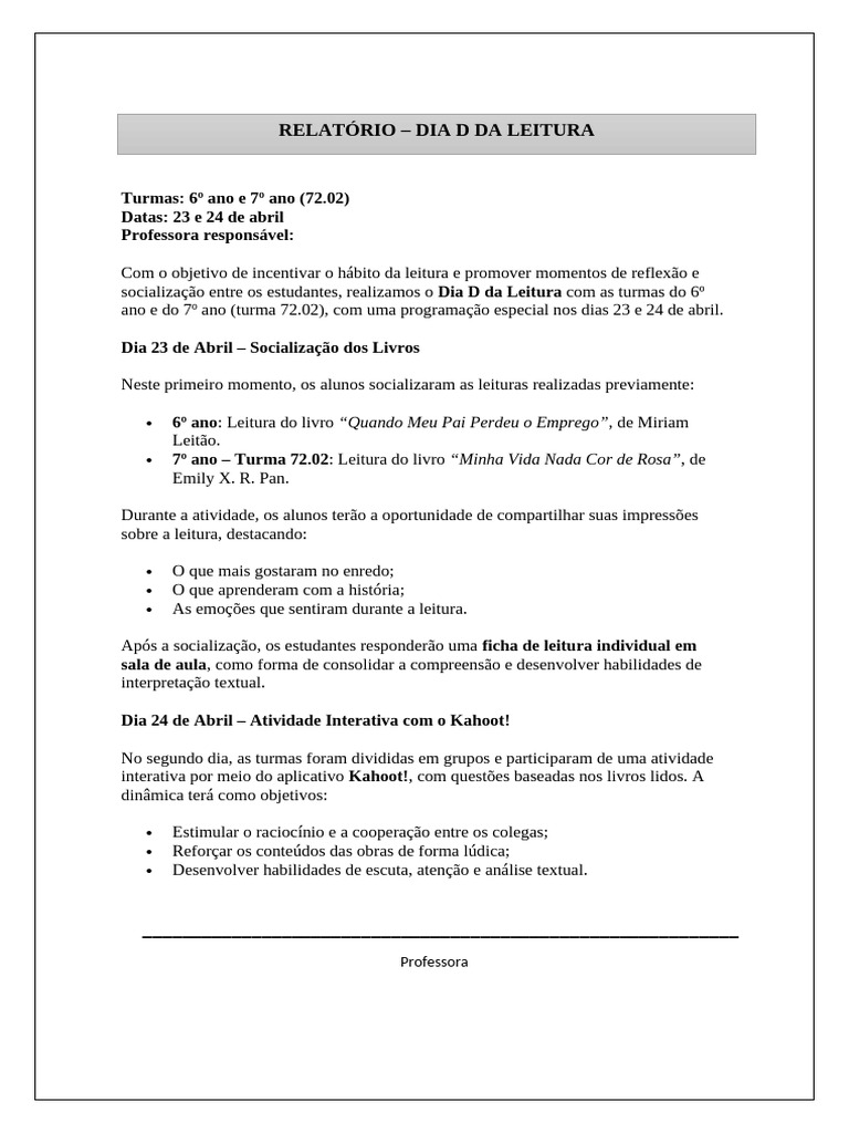 Relatório do Dia D da Leitura | PDF