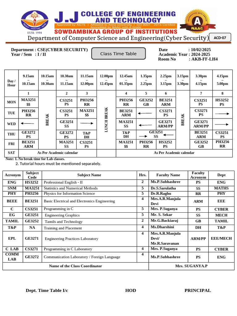 I YEAR CSE(CYBER SECURITY) TIME TABLE(2024-2025) EVEN SEM | PDF | Engineering | Science