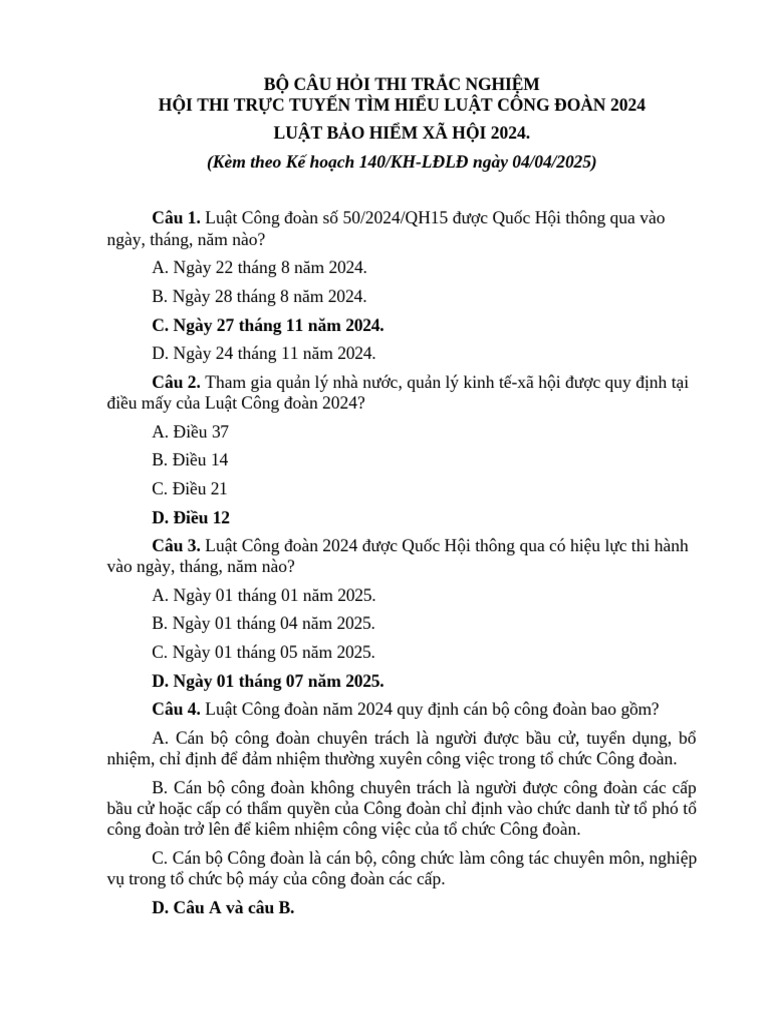 Bo Cau h.thi Truc Tuyen Tim Hieu Luat Cdoan 2024 Va Luat Bhxh 2024 (100 Cau) | PDF