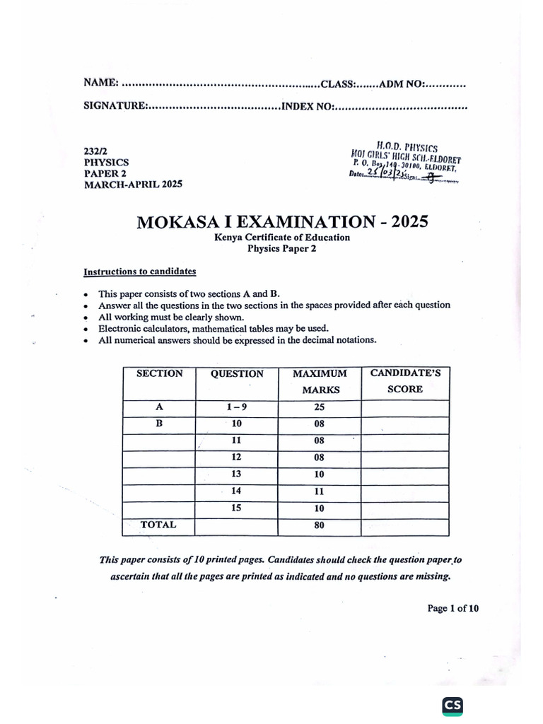 Mokasa 1 Phy Pp2 2025 | PDF