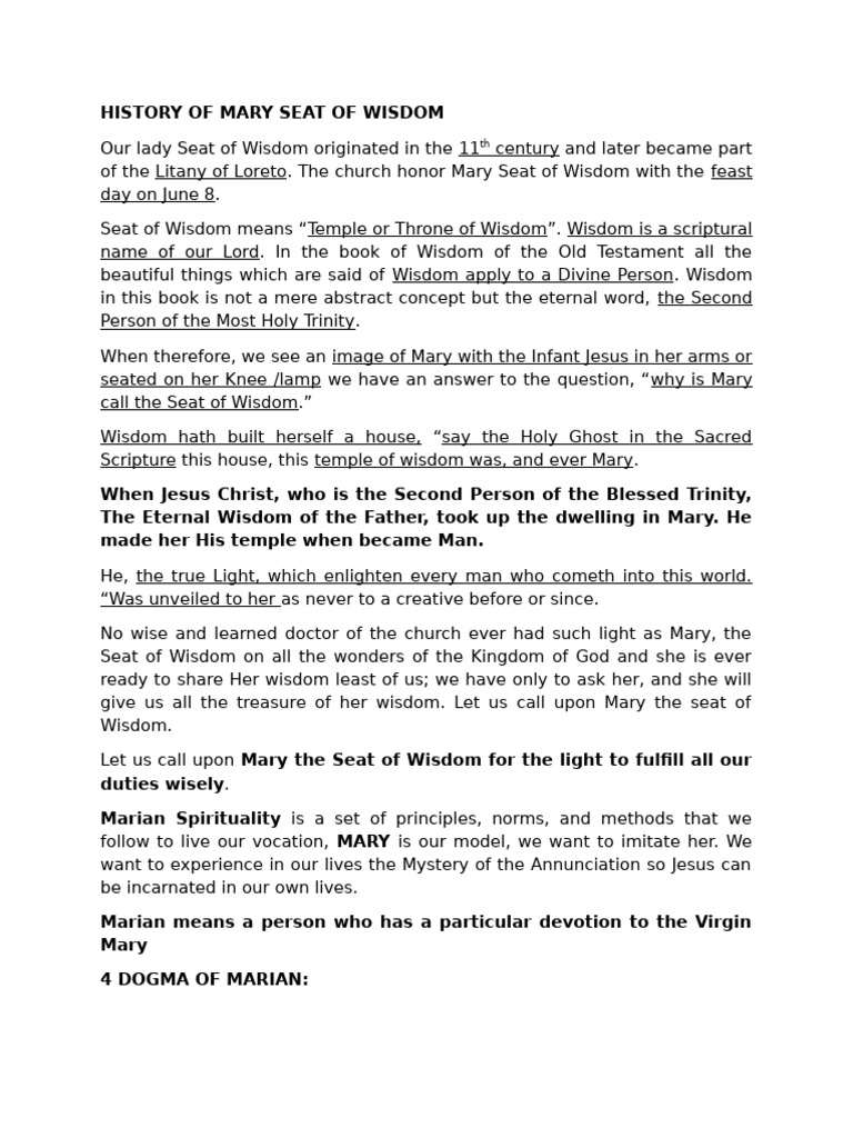 History of Mary Seat of Wisdom | PDF | Mary, Mother Of Jesus | Abrahamic Religions