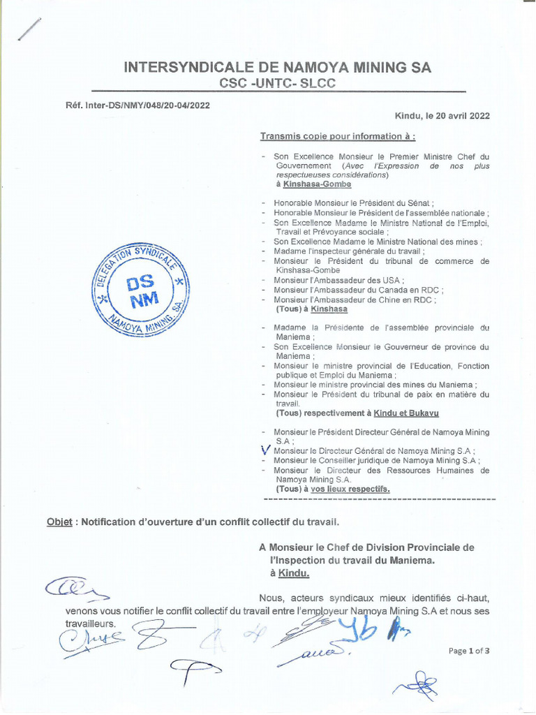Notification D'ouverture Du Conflit Collectif Du Travail Entre ...