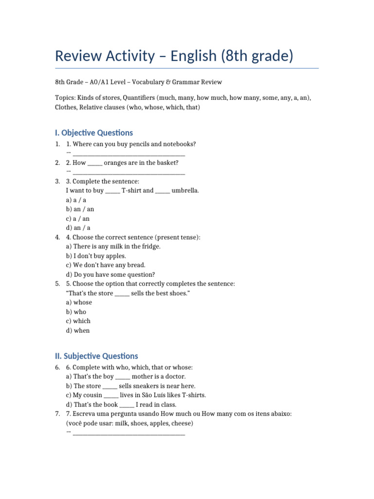 English Review Activity 8th Grade | PDF | Syntax | Language Mechanics