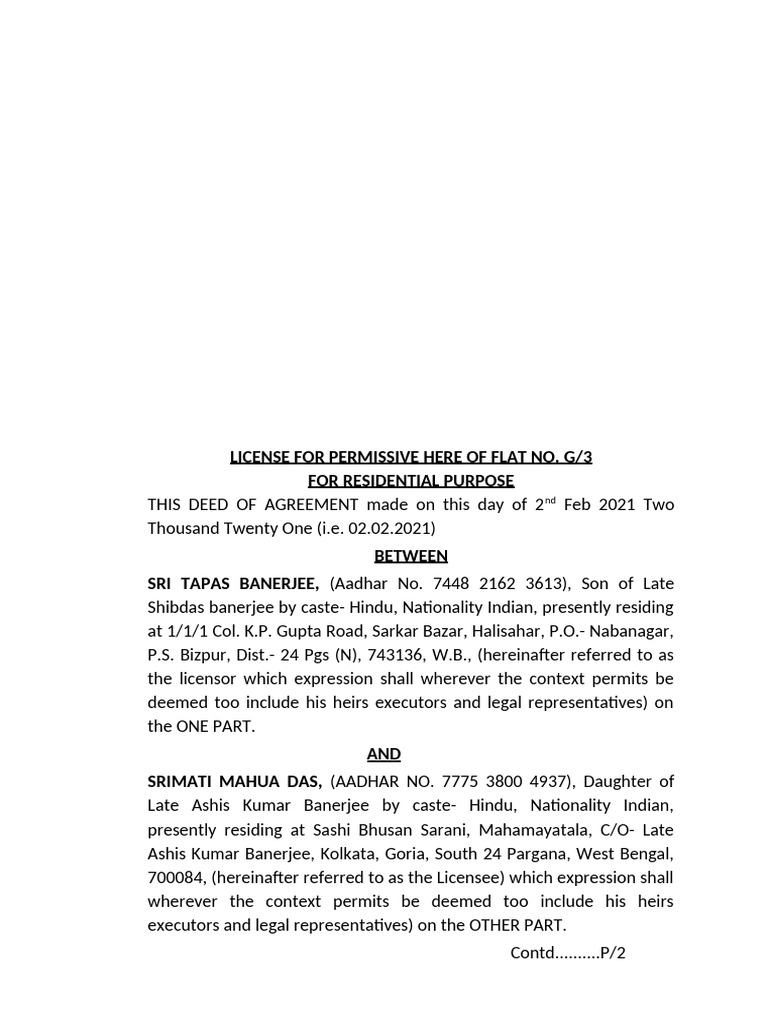 LICENSE FOR PERMISSIVE HERE OF FLAT NO | PDF | License | Property Law