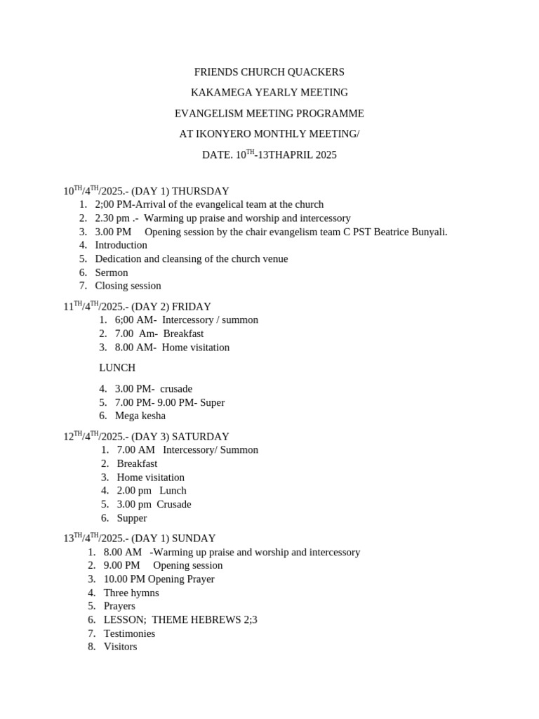 Friends Church Evangelism Schedule | PDF