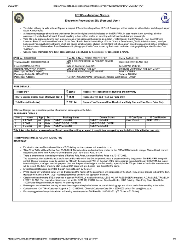 IRCTC e-Ticket Confirmation Details | PDF | Identity Document