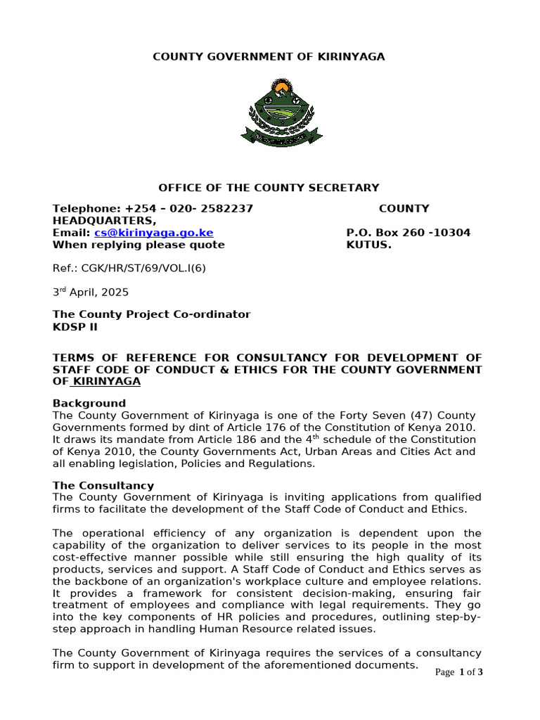 Kirinyaga Staff Code of Conduct Consultancy | PDF | Human Resource ...
