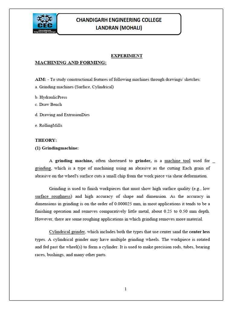 Manufacturing Process Experimet | PDF | Grinding (Abrasive Cutting ...