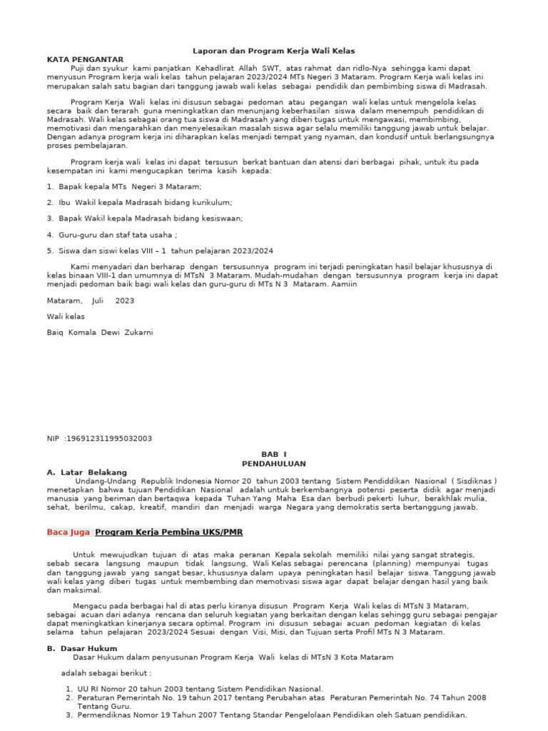 Laporan Dan Program Kerja Wali Kelas 7d | PDF
