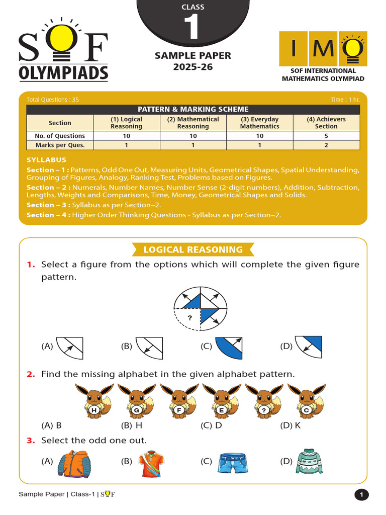Imo Test Paper Class-1 2025-26 | PDF | Reason | Mathematics