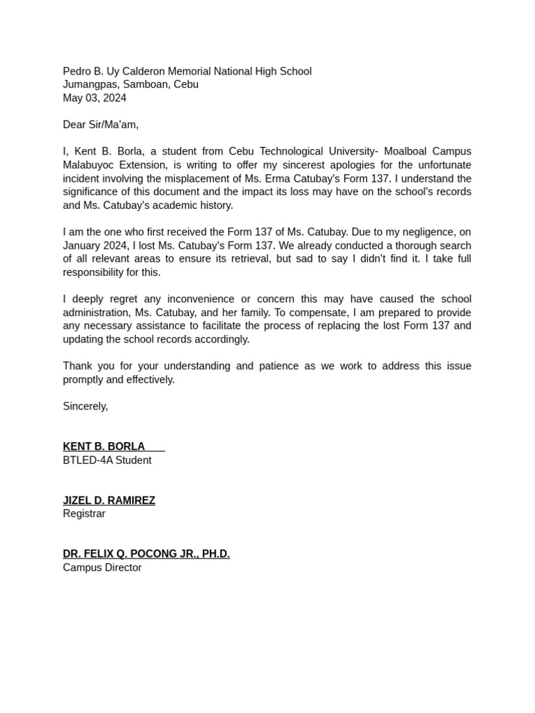 Apology Letter | PDF