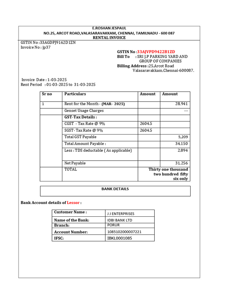 JP Parking Yard Rental Invoice March 2025 | PDF