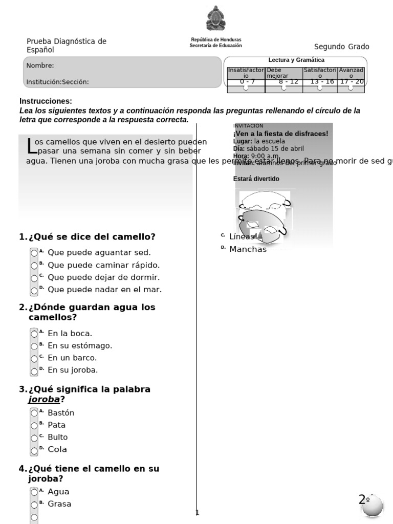 Prueba Diagnóstica de Español 2º Grado | PDF