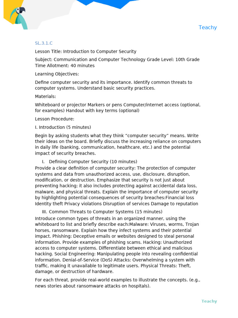 Lesson Plan - 15 - 04 - 2025 | PDF | Computer Security | Security