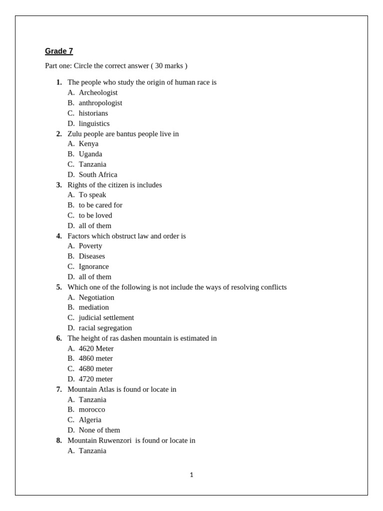 Grade 7 Geography Quiz and Answers | PDF | Africa | Physical Geography