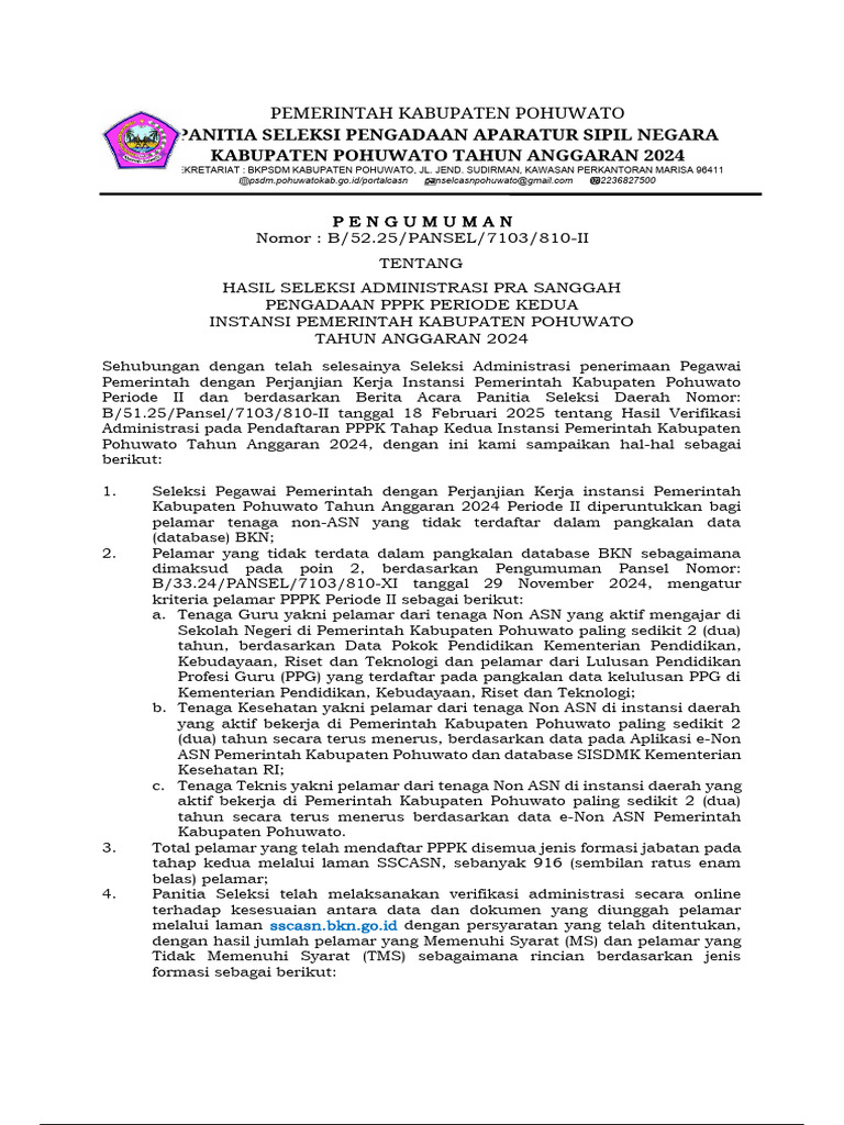 Pengumuman Hasil Seleksi Adm Pra Sanggah Seleksi PPPK 2024 Tahap Kedua | PDF