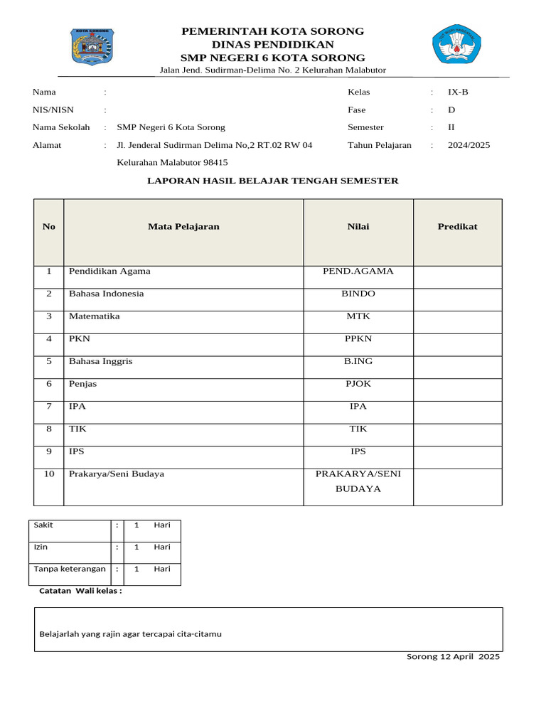Nilai PTS Ix-B Smter 2 | PDF